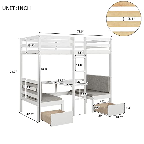 TARTOP Twin Loft Bed with Desk Turn into Twin Over Twin Bunk Bed, Wooden Functional Loft Bed Frame for Kids Teens Girls Boys,Twin Size, White