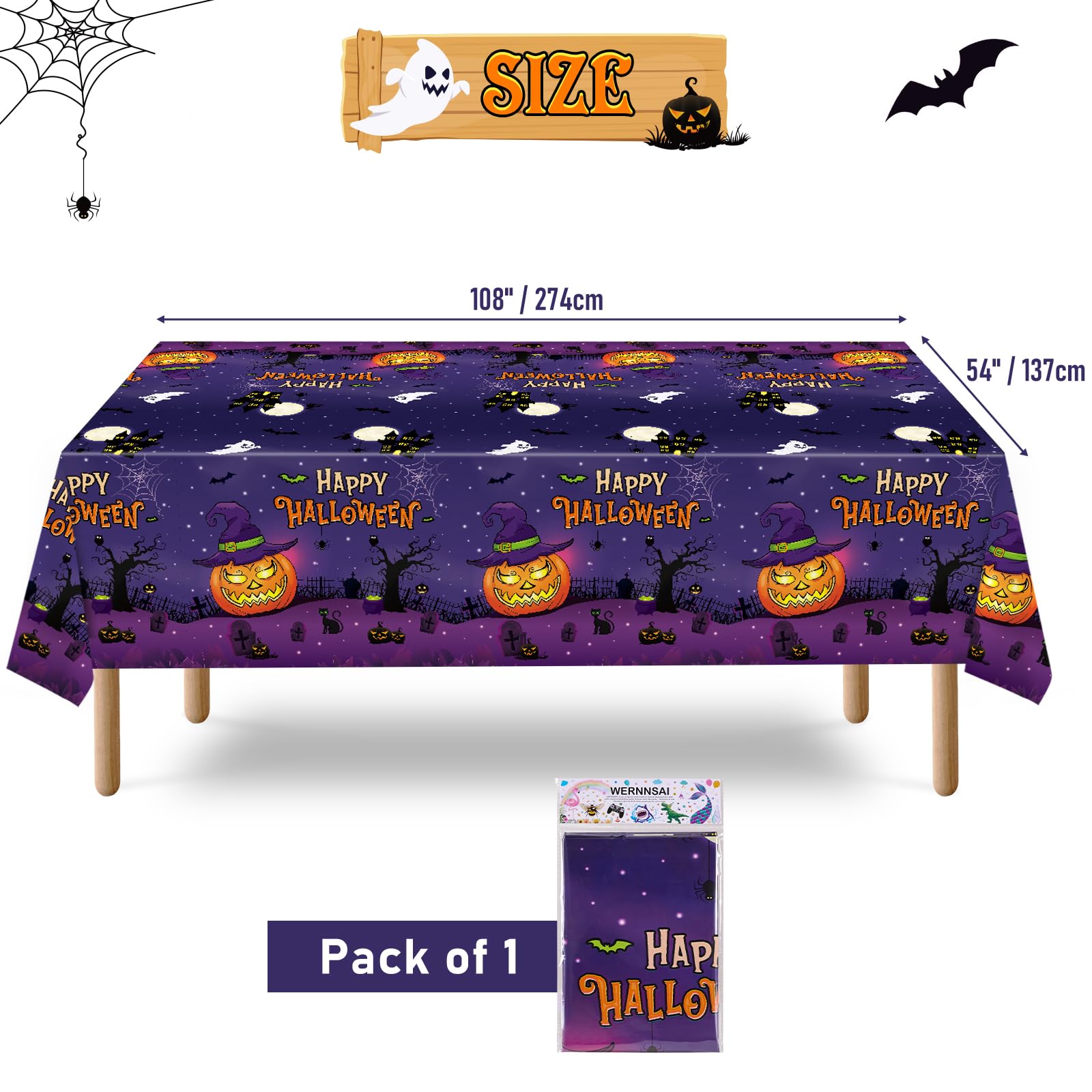 WERNNSAI Halloween Tablecloths 1 PC - Halloween Party Tablecloth Halloween Plastic Tablecloth 108" x54β Disposable Tablecloth Rectangular Tablecloth Waterproof Tablecloth Kids