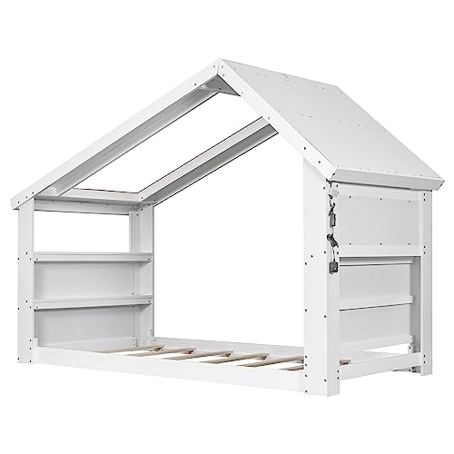MERITLINE Twin House Bed for Kids Montessori Floor Bed with Roof Window, LED Light, No Box Spring Needed, for Girls Boys (Twin Size, White)
