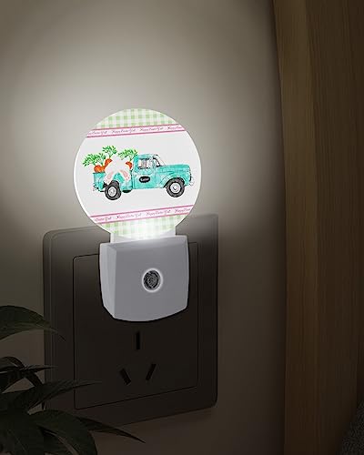 Night Light Plug into Wall, LED Nightlights Easter Truck with Carrot Bunny Green Plaid Pattern Small Nightlight Auto Dusk-to-Dawn Sensor Lamp LED Night Lights for Kid's Bedroom, Bathroom