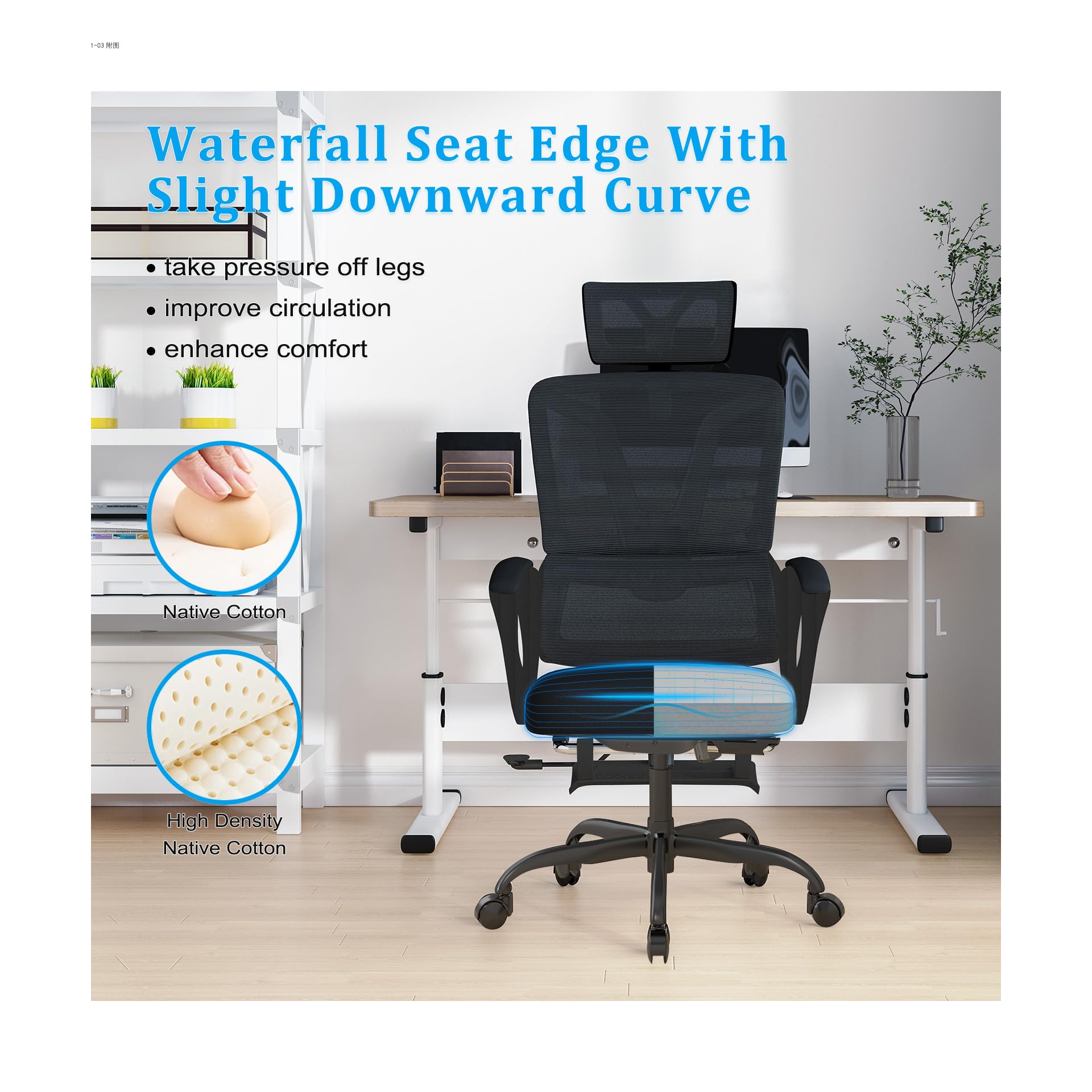 Ergonomic Office Chair, Reclining High Back Mesh Chair, Computer Desk Chair, Swivel Rolling Home Task Chair with Lumbar Support Pillow, Adjustable Headrest, Retractable Footrest and Padded Armrests