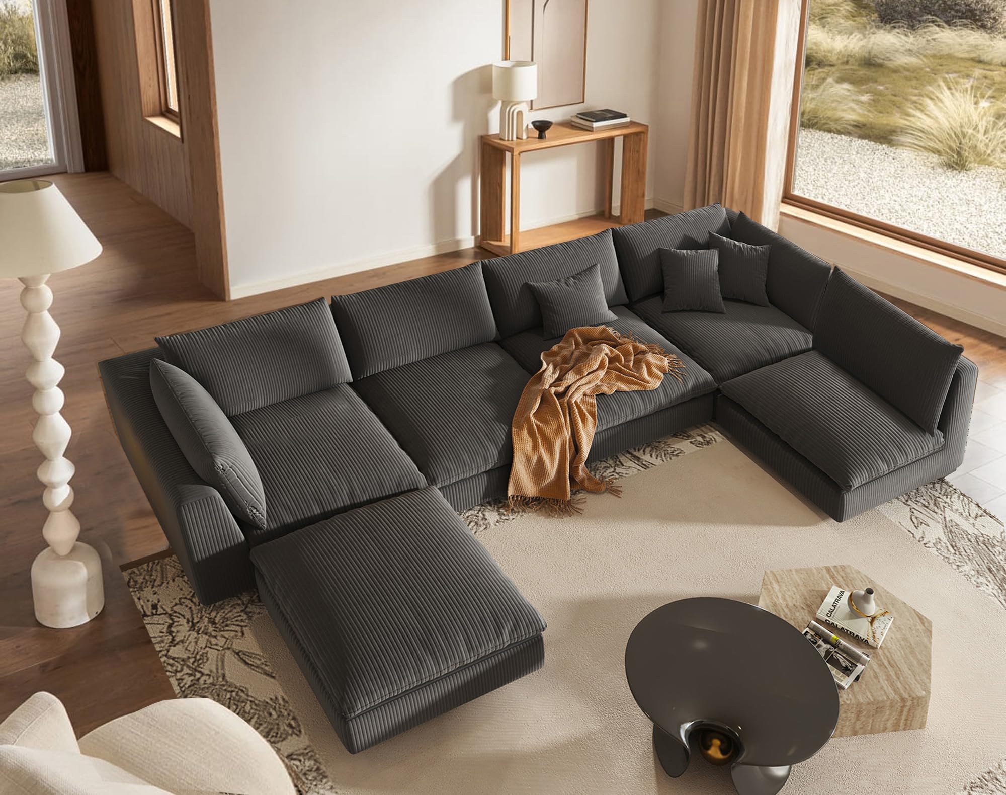 KCHUSAL Cloud Couch Sectional,156'' Oversized Corduroy Sectional Sofa Couch, Cloud Modular Couch with Ottoman, Deep Seat Couches for Modern Living Room/Office (Velvet, 6 Seater+Dark Grey)