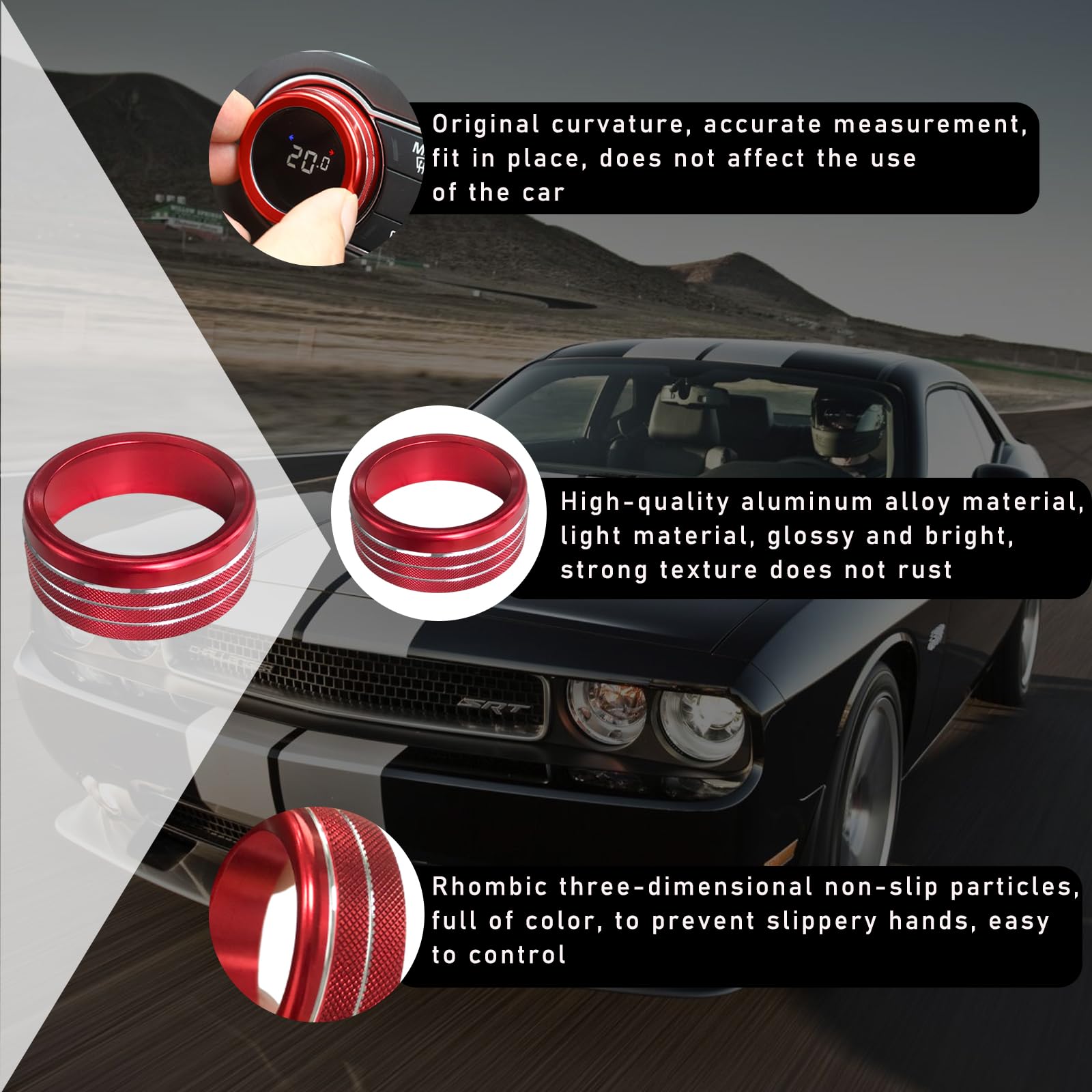 Dickno 3PCS Air Conditioner Switch Button Knob Cover, Aluminum Alloy A/C Decal Trim Rings Compatible with Dodge Challenger Durango 2015-2022, Auto Interior Decor Accessories (Red)