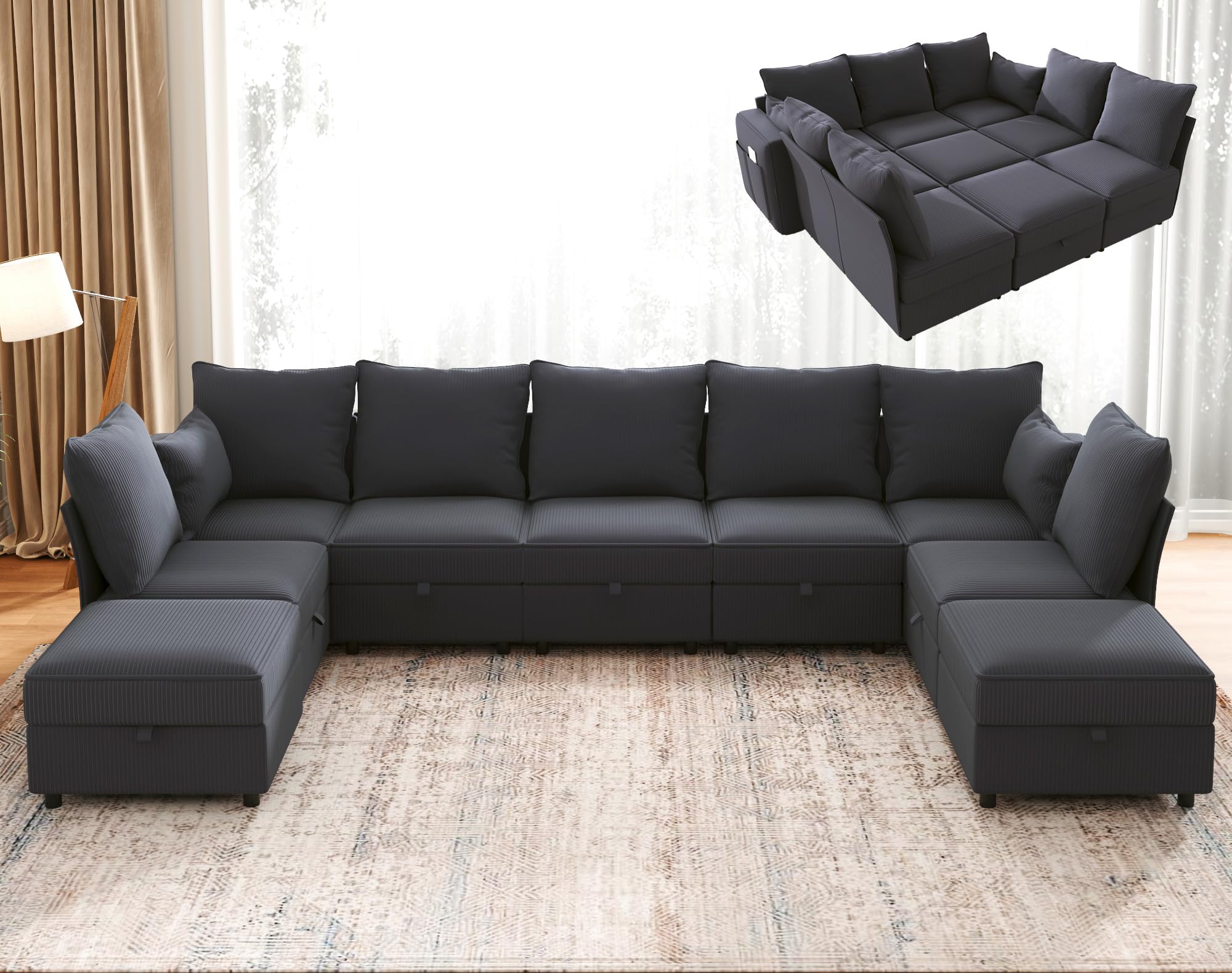 KCHUSAL Modular Sectional Sofa - Premium Corduroy Upholstery, Hidden Storage, Sectional Couches for Living Room or Office, 9 Pieces, Gray