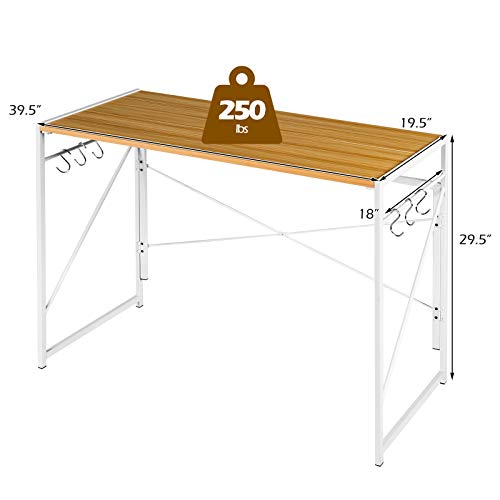 Tangkula Folding Computer Desk, Study Writing Desk with 6 Hooks, Modern Simple PC Laptop Desk with Sturdy Metal Construction, Space Saving Writing Table for Home Office (Natural)