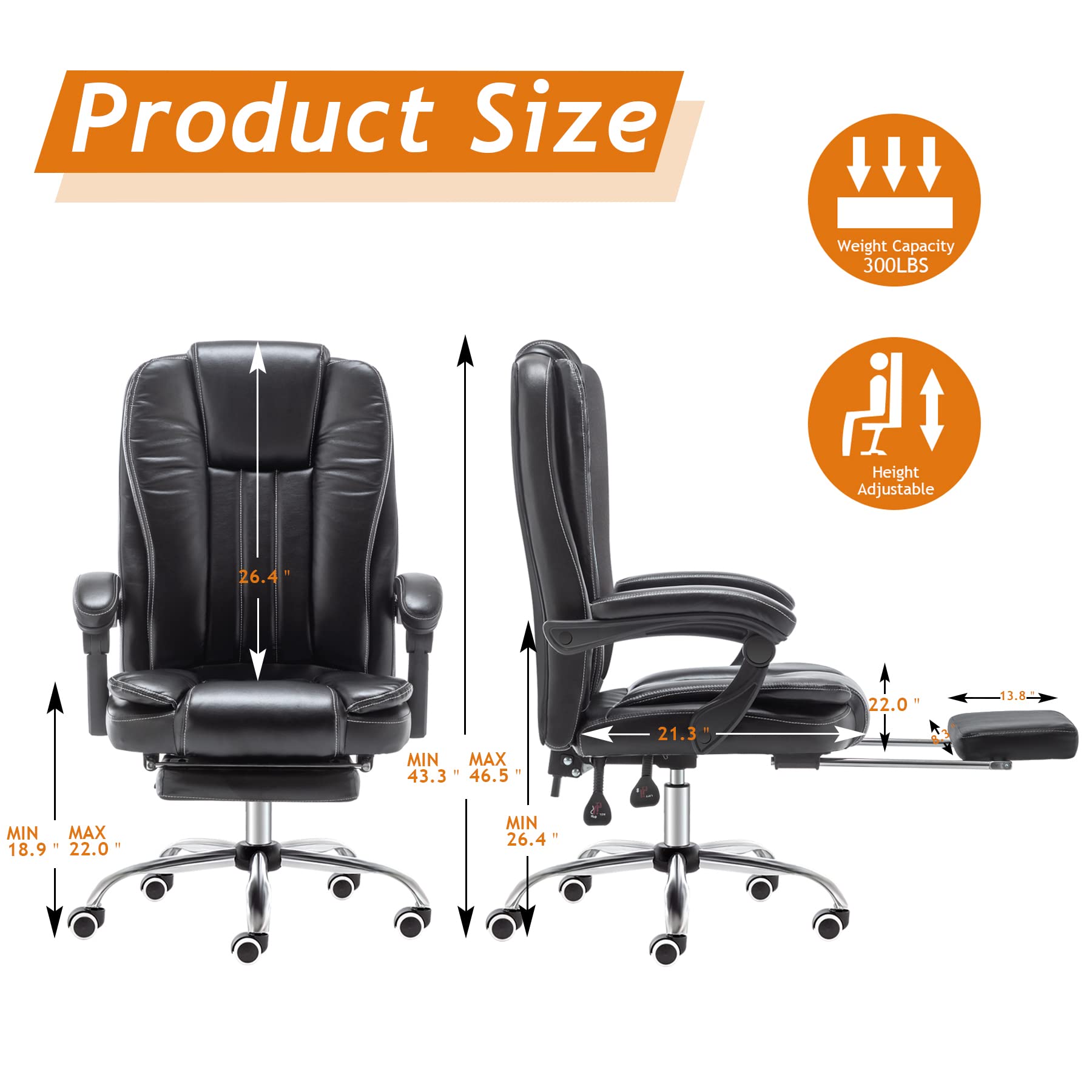 Erinnyees Executive Office Chair, PU Ergonomic Chair with Footrest and Linkage Armrests, 90°-155° Reclining Office Chair, 360° Swivel Computer Desk Chair with Back Support, Black