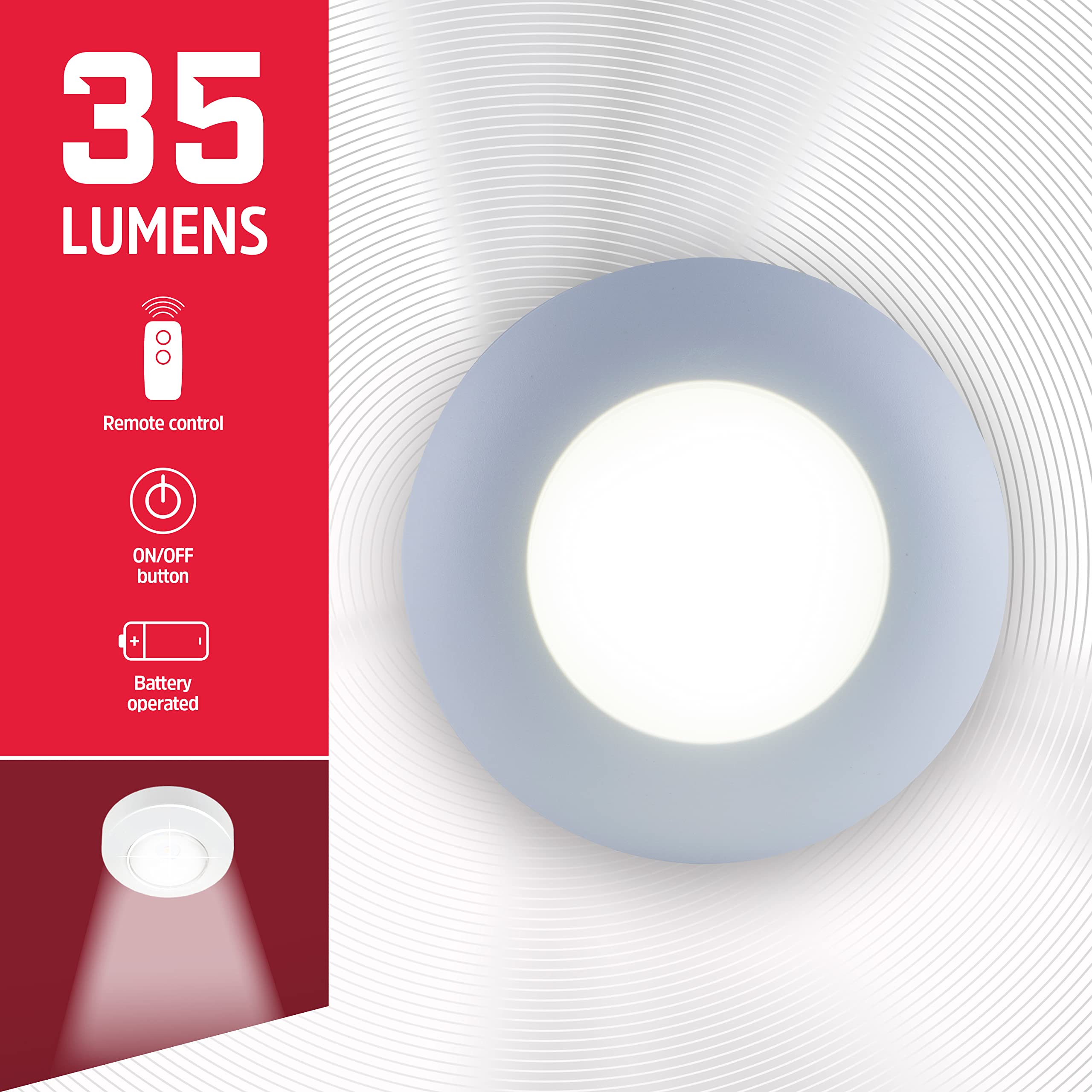 Energizer LED Puck Lights, 2 Pack, White, Remote Controlled, Wireless Lights, 35 Lumens, Battery Operated, Under Cabinet Lighting, Stick On Lights, Ideal for Kitchen Under Cabinet, Bedroom, 38913