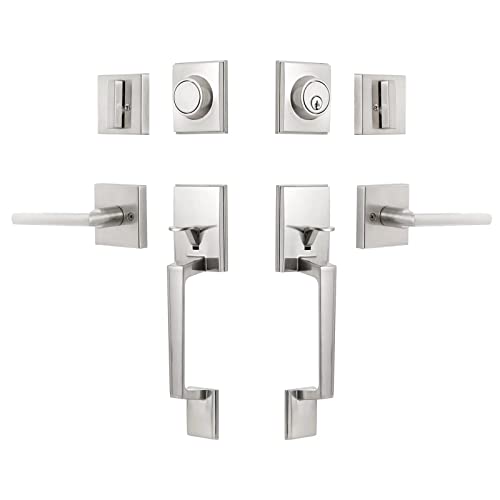 NeuType Front Door Handle Set Satin Nickel Double Door Handle Set with Dummy Heavy Duty Double Door Lock Set, with Single Cylinder Deadbolt and Lever Handle, Compatible with Right & Left Handed Doors