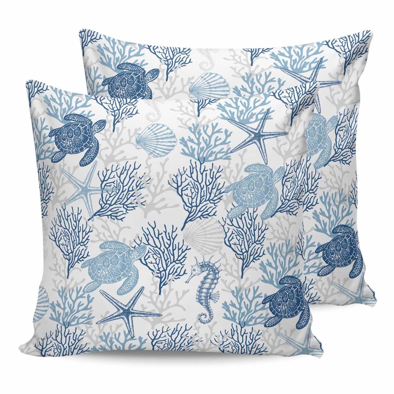 Sea Turtle Outdoor Waterproof Pillow Covers,Nautical Blue Coral Decorative Throw Pillow Covers,Starfish Shell Seahorse Cushion Case for Patio Tent Bed Sofa Living Room Marine Life on White Pillowcase