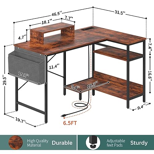 Yoobure L Shaped Desk with Storage Shelves 47 Inch Computer Desk with Outlets & USB Ports Home Office Desk with Monitor Stand Corner Desk for Small Space Study Table Small Desk L Desk with Storage Bag