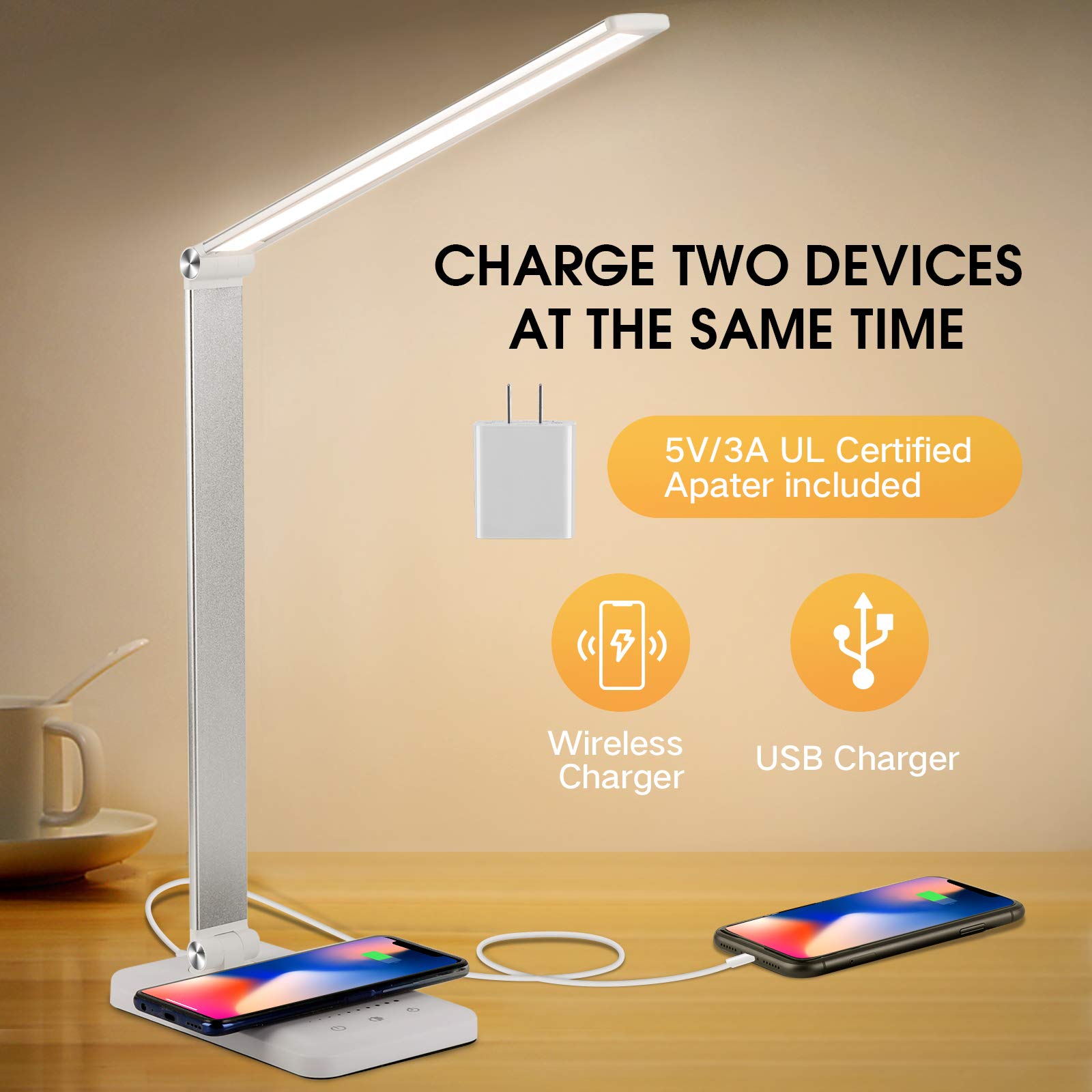 EASTAR LED Desk Lamp with USB Charging Port, Wireless Charger, College Dorm Room Essentials, Modern Eye-Caring Desk Lamps for Home Office,5 Lighting Modes, Bright Desk Light with Timer, Silver-White