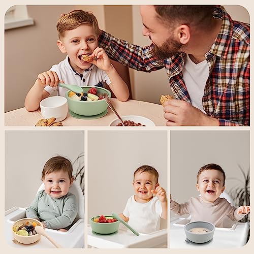 Yoofoss Baby Bowls with Suction - Toddler Bowls with Lids - 100% Silicone Baby Feeding Set include 2 Pack of Suction Bowls, Forks & Spoons - BPA Free - Microwave & Dishwasher Safe - Green