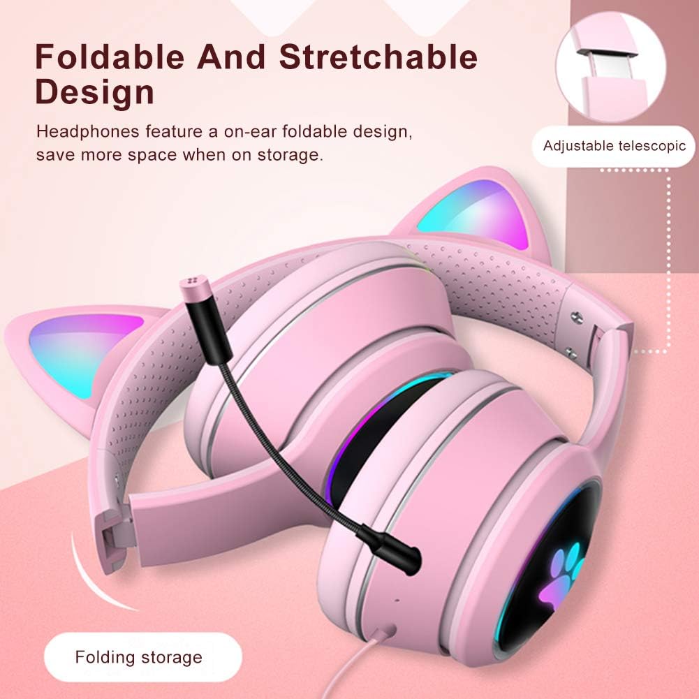 EKDJKK Cat Ear Bluetooth Headphones Foldable Wireless LED Light Up Foldable Headphones HiFi 3.5MM Noise Reduction Headphones Computer Gaming Headset with Microphone and Volume Control