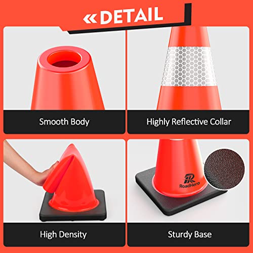 RoadHero (8 Pack) Traffic Safety Cones 18 Inch, PVC Cone with Black Weighted Base, Orange Cones with Reflective Collar, Cones for Parking Lot, Construction Events, Road Safety