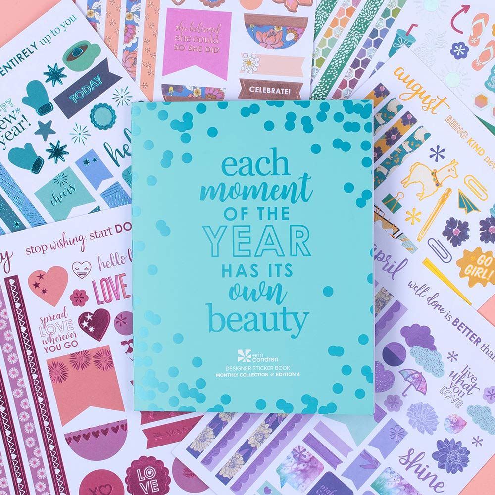 Erin Condren Designer Sticker Book - Monthly Edition 4 (12 Sticker Sheets Total). Decorative and Cute Stickers for Customizing Planners, Notebooks, and More