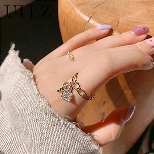 GANGYUN Open Zircon Crystal Lock Key Padlock Cuff Finger Rings for Women Adjustable Punk Infinty Chain Rings Jewelry (Gold)