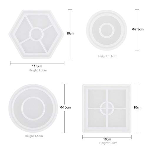 DIY Coaster Silicone Mold, Pack of 4 Resin Molds for Casting Eco-Friendly Sturdy Hexagon Square Round Mold Bottom Bracket for Casting with Resin,Concrete,Cement