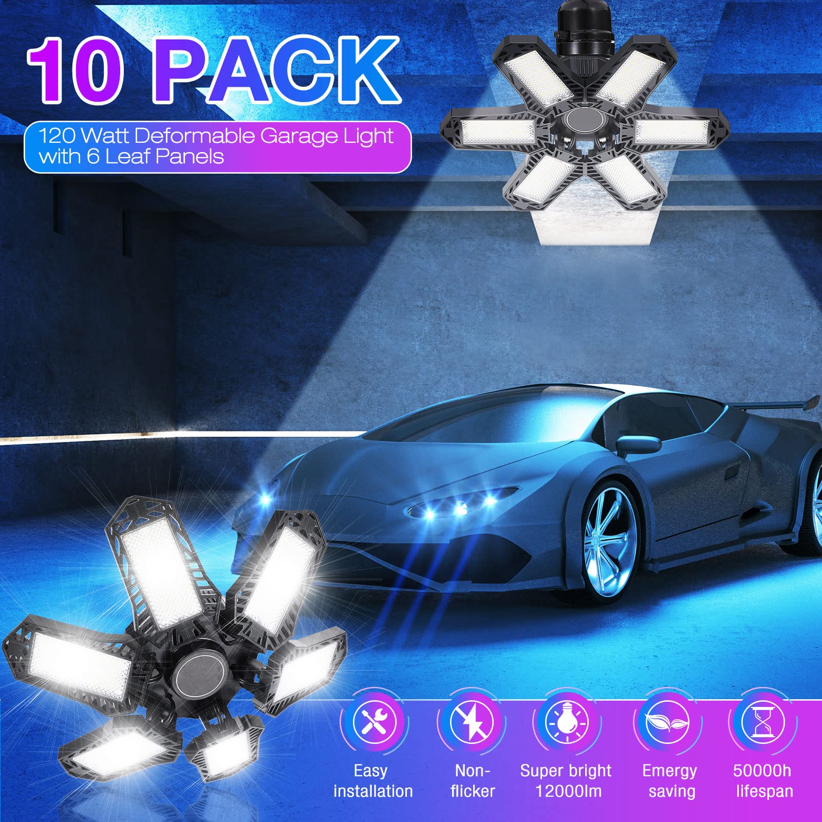 Retisee 6 Pcs LED Garage Lights 120w Deformable LED Garage Ceiling Lights with Adjustable Panels E26/E27 LED Garage Lights Bulb 12000lm Shop Lights for Garage Workshop Basement High Bay Light