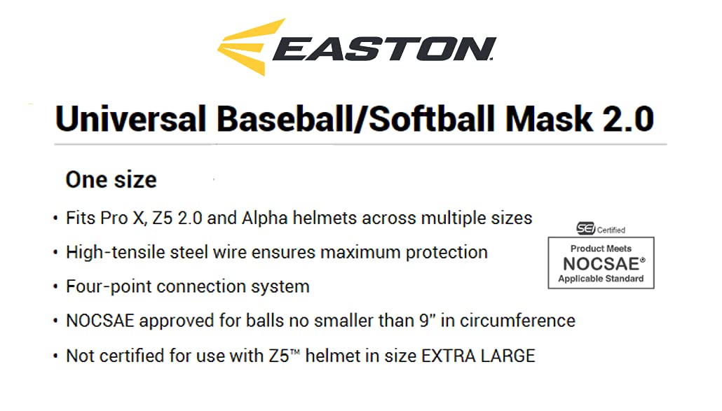Easton | Universal Batting Helmet Facemask | Baseball/Softball | Fits Easton PRO X, Z5 2.0, Z5, & ALPHA Helmets