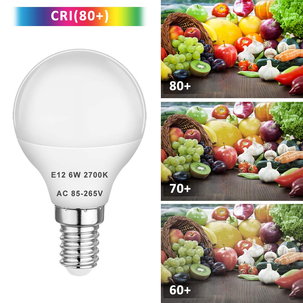 E12 LED Light Bulbs 6W for Ceiling Fan, 60W Equivalent Warm White 2700K Candelabra Round Light Bulbs, Small Base LED Chandelier Golf Ball Light Bulbs, Flicker Free, Not Dimmable, 600LM, 6 Pack