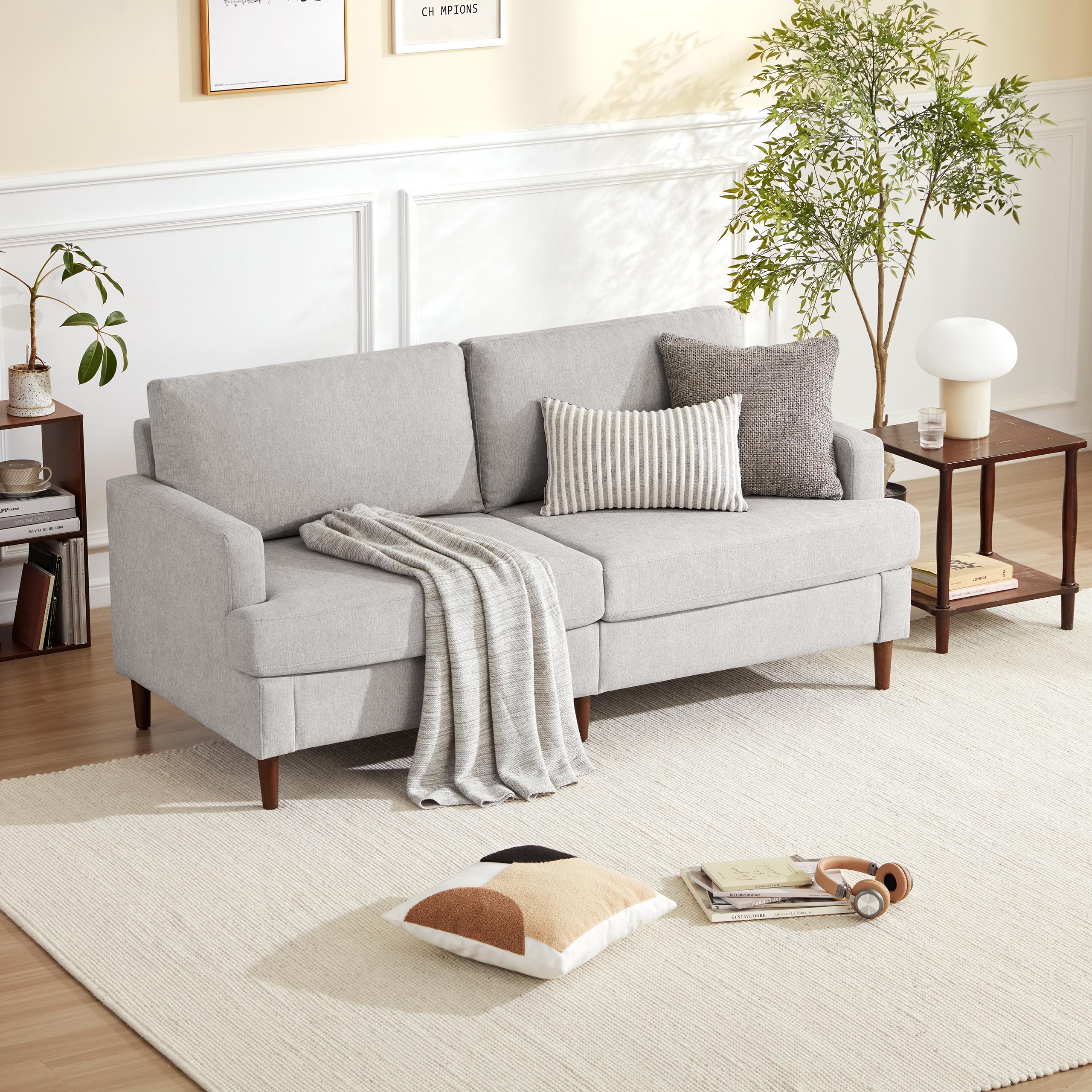 Weture 69”W Loveseat Sofa, Mid Century Modern Couches for Living Room, Small Couch Linen Fabric for Bedroom, 2 Seat Love Seat Sofa with Solid Wood Legs, Light Grey