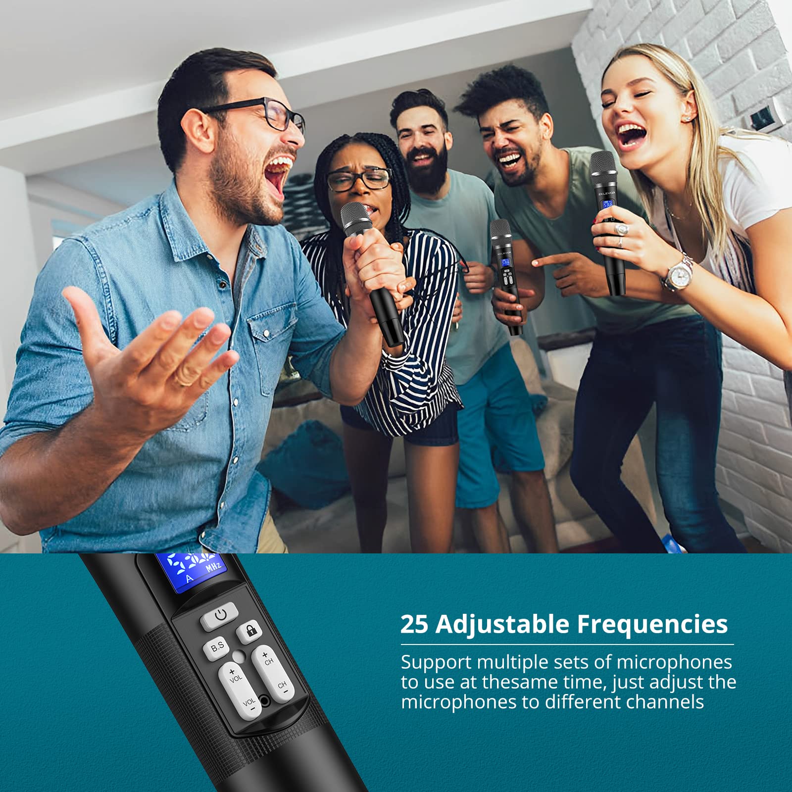 EKLEVOR Wireless Microphone, Portable UHF Handheld Karaoke Dynamic Microphone System with Rechargeable Receiver,160ft Range 2X25 Channels Karaoke Mics Set for Singing, Wedding, Speech, AMP