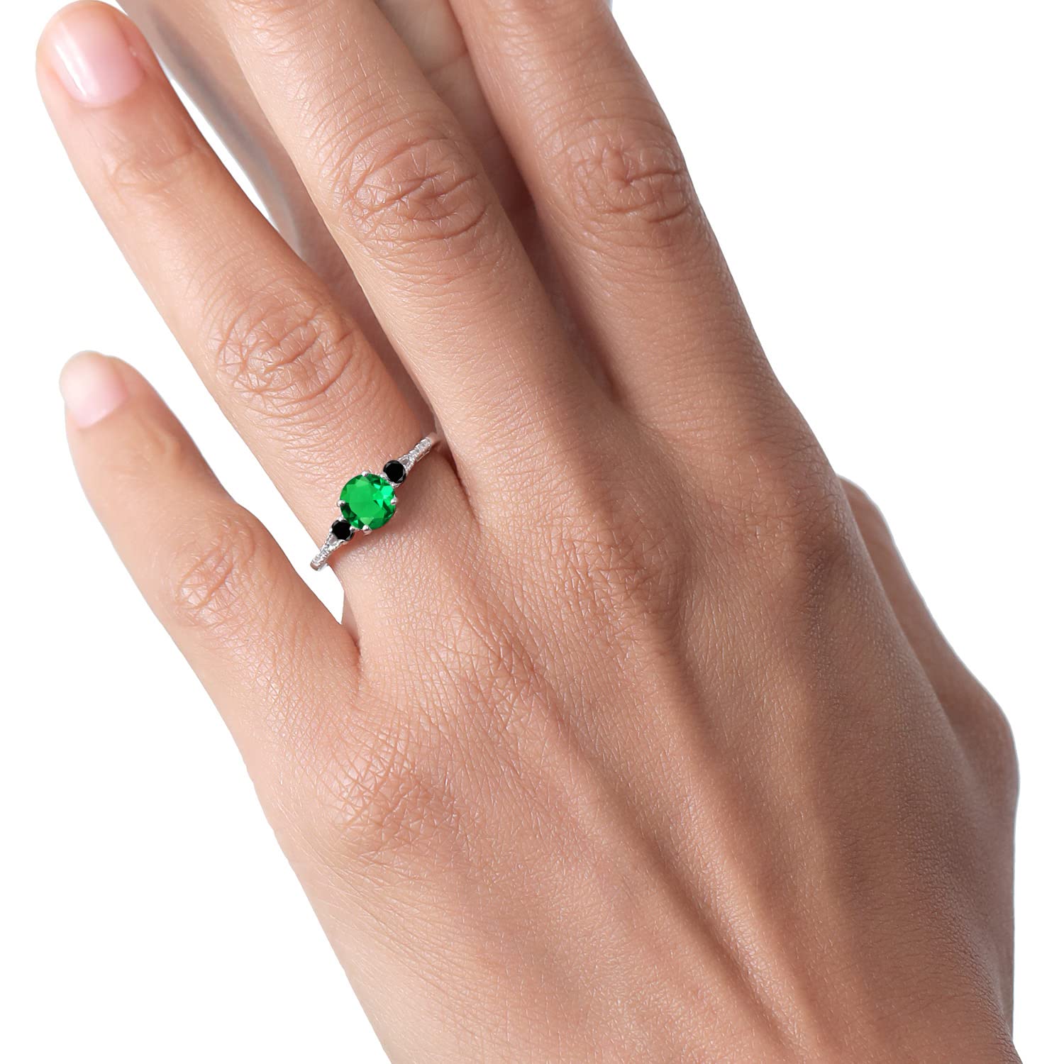 Gem Stone King 10K White Gold Green Nano Emerald Black Diamond and White Diamond Accent 3-Stone Engagement Ring For Women (0.95 Cttw, Round 6MM, Gemstone May Birthstone, Size 6)