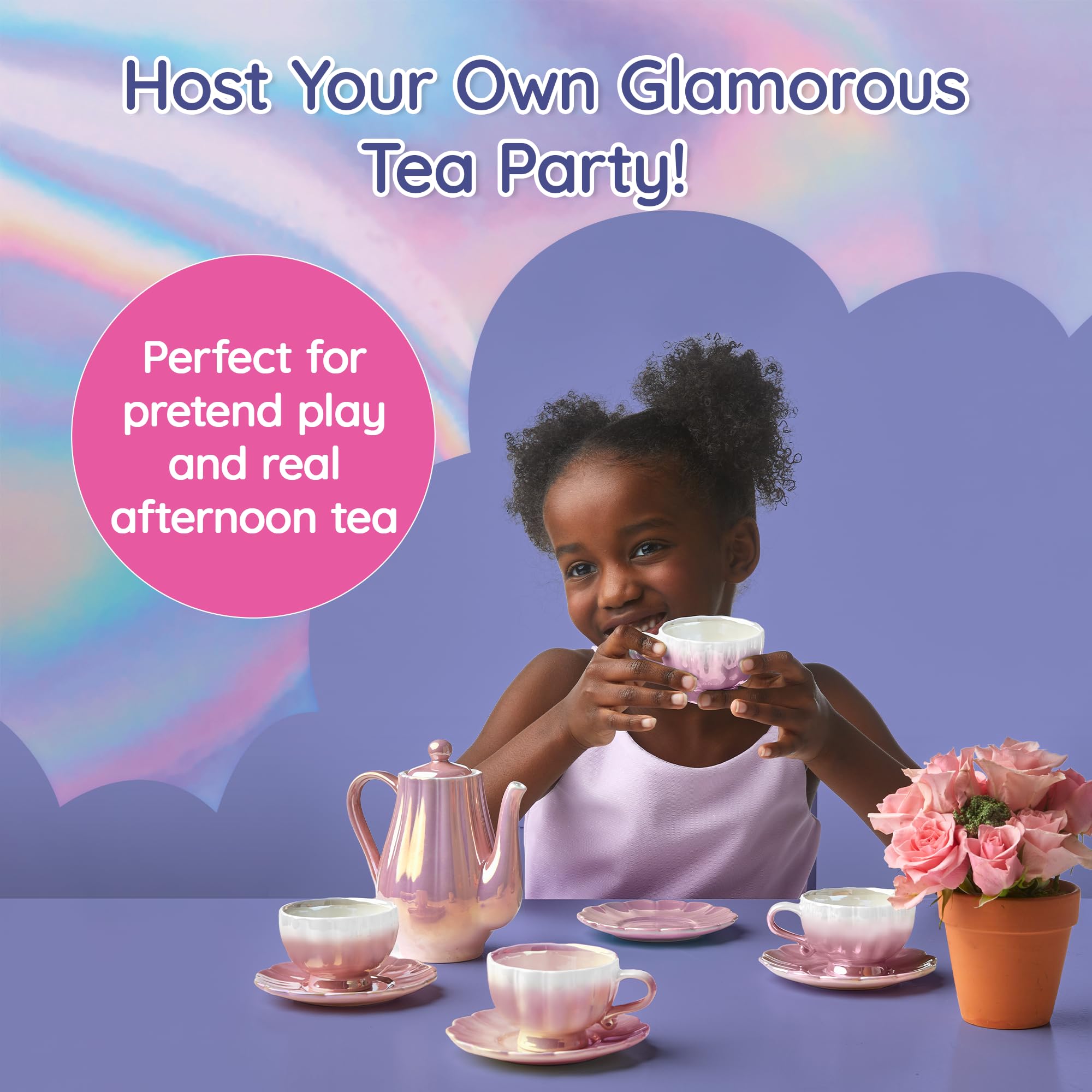 Dream Studio Ceramic Tea Party Set [2023 Amazon Exclusive] 9-Piece Pretend Set, Teapot 4 Cups & 4 Saucers, Hand-Painted Glaze, Safe BPA-Free & Non-Toxic, Imagination Play Activity Toy for Girls & Boys