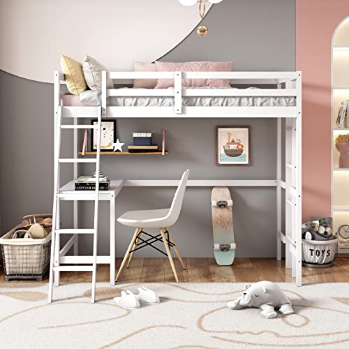 KOMFOTT Twin Loft Bed with Desk, Solid Wood Loft Bed Frame with 2 Ladders, Safety Guardrail for Teenagers and Adults, Space-Saving Loft Bed with Wooden Slats Support, No Box Spring Needed (White)