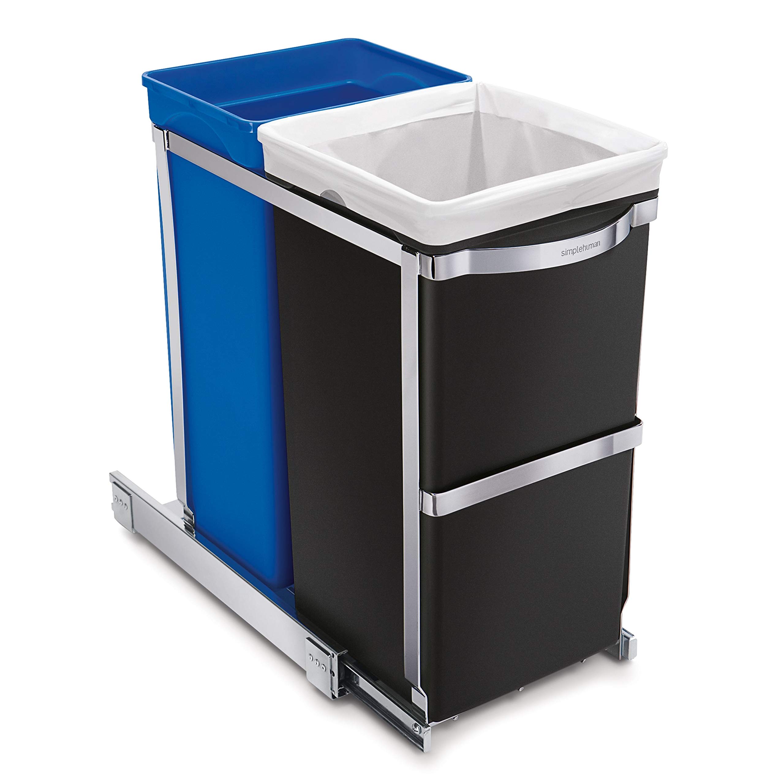 simplehuman 35 Liter / 9.3 Gallon Dual Compartment Under Counter Kitchen Cabinet Pull-Out Recycling Bin and Trash Can & 10 Liter / 2.6 Gallon in-Cabinet Trash Can Heavy-Duty Steel Frame, Black