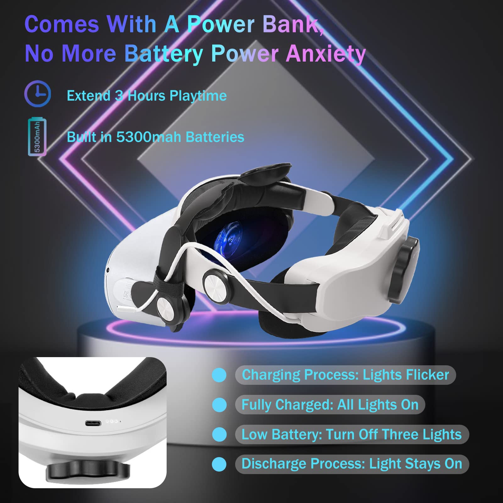 for oculus quest 2 head strap with battery, Compatible with Oculus Quest 2 accessories head strap for oculus quest 2 straps for headset, 5300mAh Rechargeable Battery Strap Replacement for Elite Strap