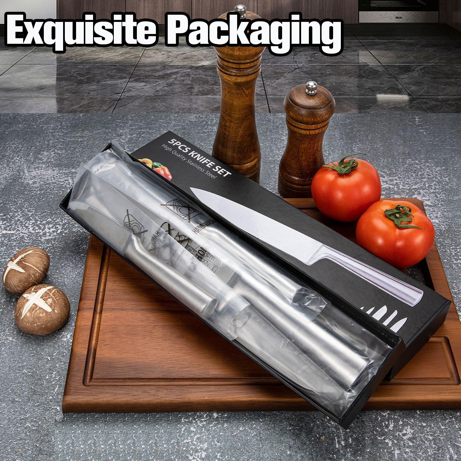 RETROSOHOO Kitchen Knife Set, 5-Pieces Classic Carbon Stainless Steel Knife Set with Ergonomic Handle, Sharp Professional Chef Knife Set for Cooking, Kitchen Knife Set with Gift Box (Silver)