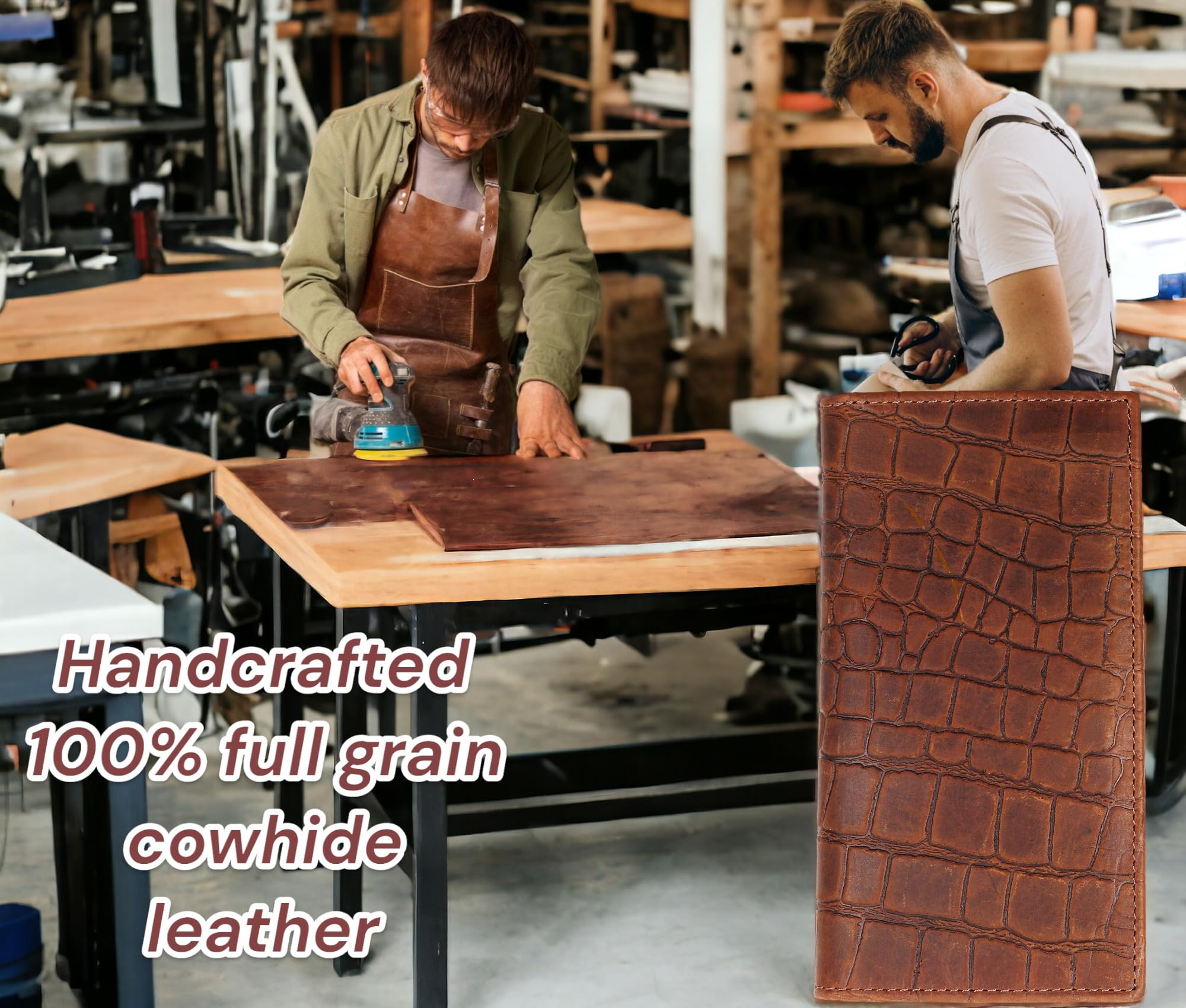 F&L CLASSIC Men's RFID Vintage Look Genuine Leather Long Bifold Wallet Checkbook Wallets,buffalo vintage leather,240 light brown