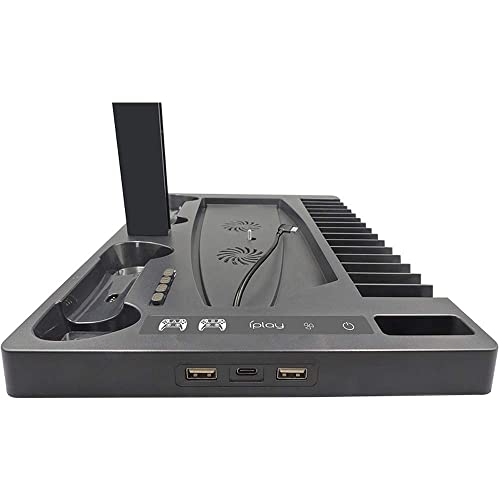 GOTRUTH Vertical Stand for PS5 with 2 Charging Station, 2 Cooling Fan with 15 Game Storage, 1 Pulse 3D Headset Holder, 1 Media Remote Storage
