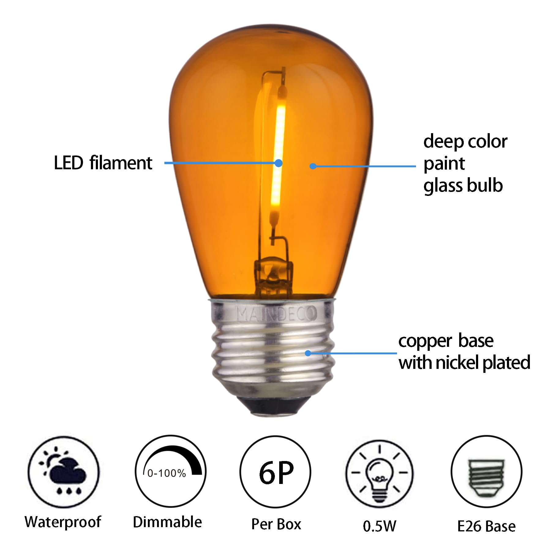 MAINDECO 15 Pack S14 Orange Opaque Glass Bulb,11W Equivalent Ceramic LED Lighting Bulb, E26 Medium Base fit Holiday and Party Outdoor String Light