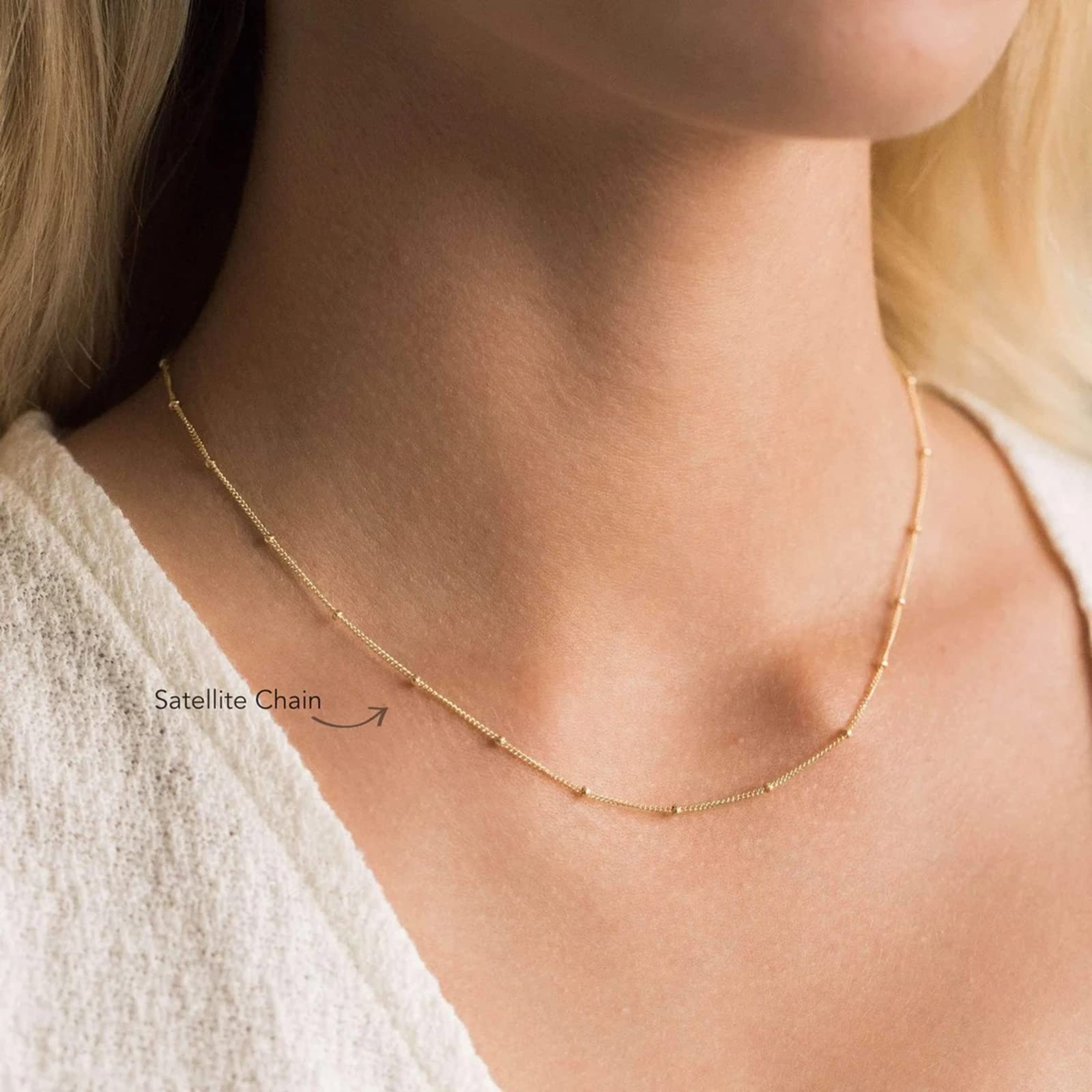 Havopso Dainty Satellite Necklace 18K Gold Plated Minimalist Beaded Satellite Chain Delicate Gold Chain Choker Necklaces for Women