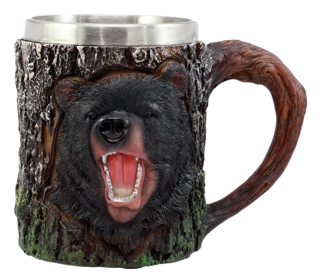 Ebros Gift Nature Wildlife Roaring Black Bear Mug With Rustic Tree Bark Design 12oz Drink Beer Stein Tankard Coffee Cup