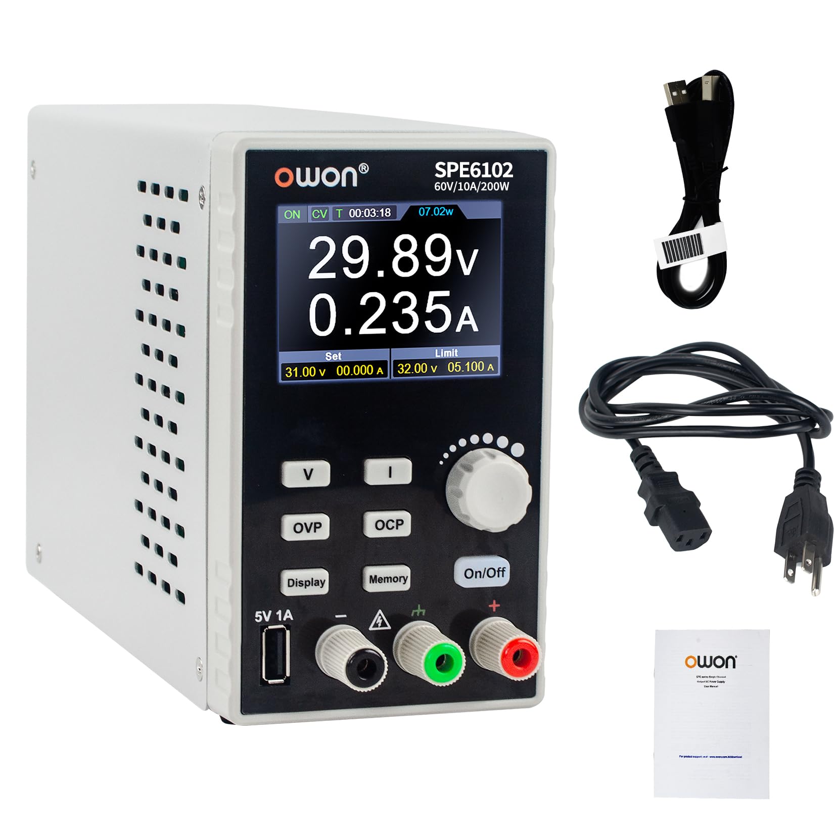 OWON Lab Power Supply (0-60V 0-10 A), Programmable 200w Bench DC Power Supply with 2.8 inch LCD Display and Output Enable/Disable Button,Single Channel Output with PC Software and USB Charging SPE6102