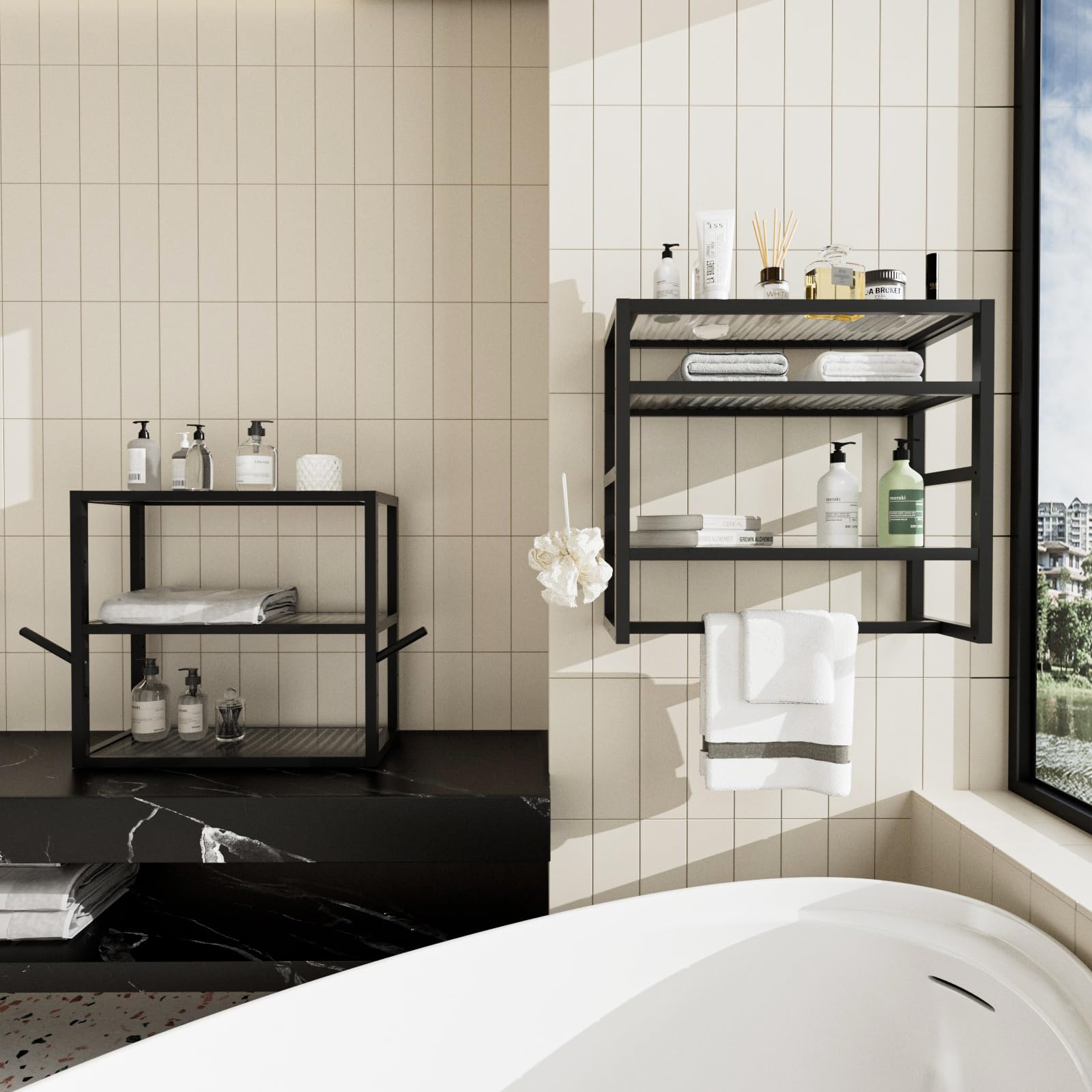 ohbambol Bathroom Organizer Shelves - 3 Adjustable Layer Acrylic Partitions Toilet Storage Shelf with Towel Pole(Black,2Pcs)