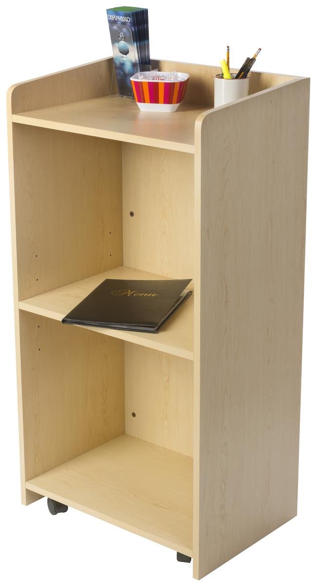 Displays2go Hostess Station, Hidden Wheels, Adjustable Shelf, Maple (LCKDPHSMP)