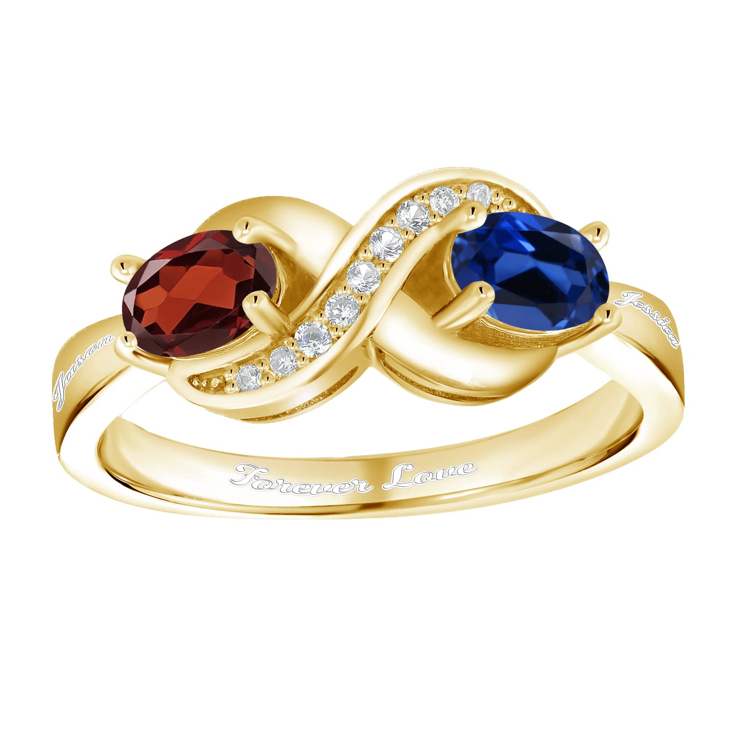 Gem Stone King 18K Yellow Gold Plated Silver Personalized Customized Engrave 2-Stone Gemstone Birthstone and White Created Sapphire Infinity Forever Love Knot Ring For Women (Size 7)