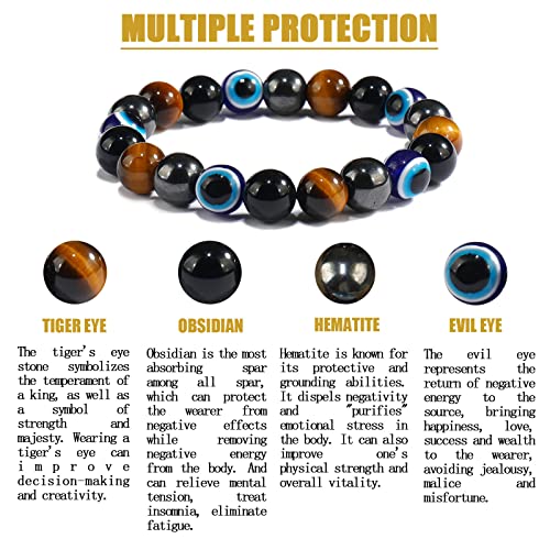 mens beaded bracelets(evil eye, tigers eye,hematite, obsidian)A handmade beaded crystal healing bracelet that can bring luck, happiness and protection(10mm elastic)