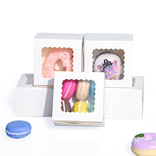 TEAMAX Cookie Boxes 30pcs 4x4x2.5 Inches White Cookie Boxes with Window, Bakery Boxes, Cupcake Boxes,Cake Boxes,Treat Boxes,Dessert Boxes,Mini Cake Boxes,For Birthday Party, Wedding, Valentine's Day