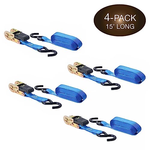 DC Cargo Ratchet Straps 4 Pack 1" x 15' - Tie Down Ratchet Straps Heavy Duty Tie-Downs w/Durable Polyester and Vinyl-Coated S Hooks | Tie Down Cargo Securely in Trucks Trailer, Motorcycle, Kayak