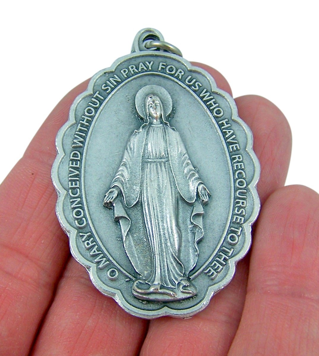 Devotional Gifts and Medals Silver Toned Our Lady of Grace Miraculous Medal with Scallop Border, 2 1/4 Inch