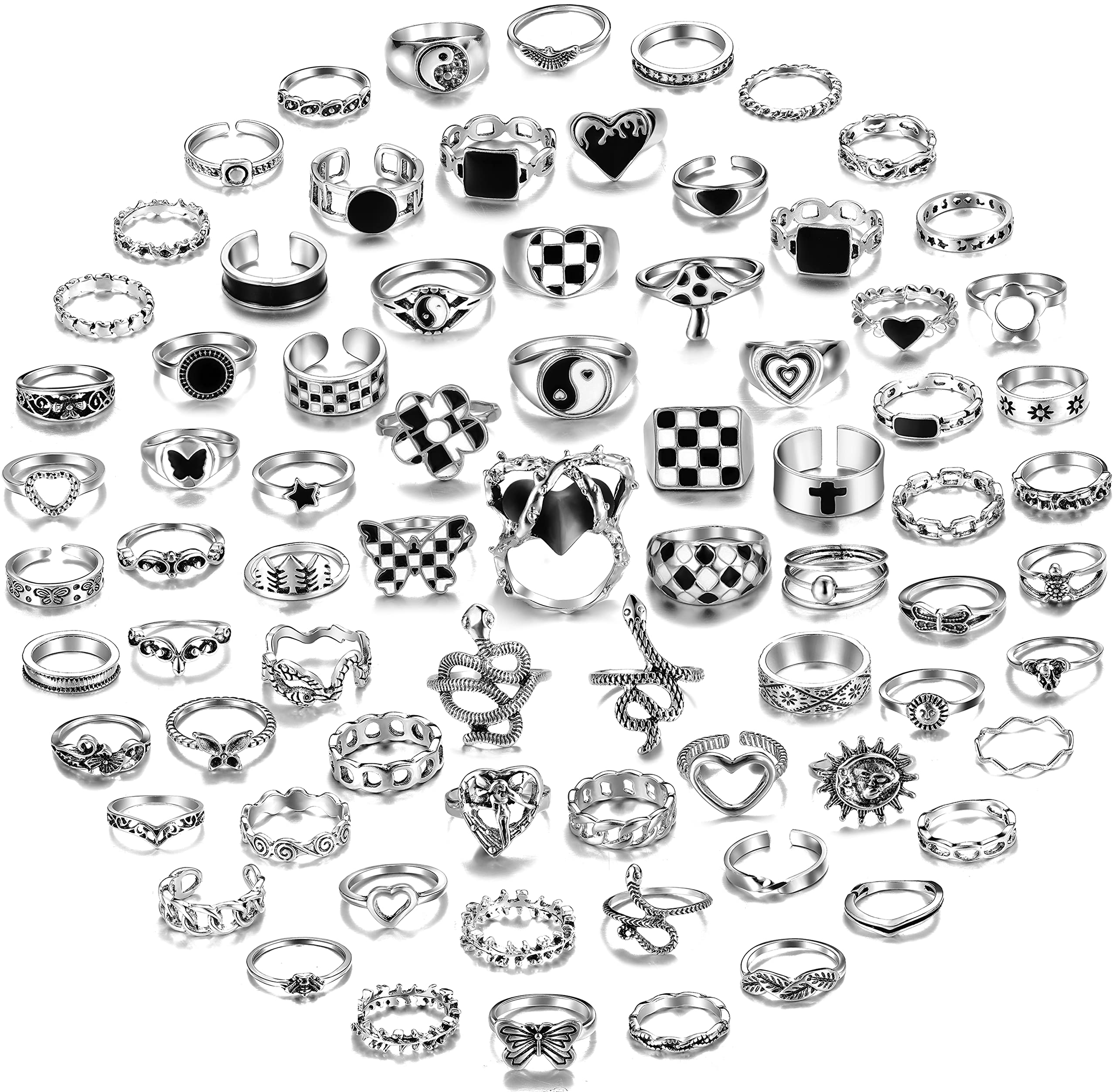 FAXHION 75 Pcs Vintage Silver Knuckle Rings Set for Women, Y2K Stackable Joint Finger Rings, Boho Butterfly Snake Aesthetic Stacking Midi Rings Pack