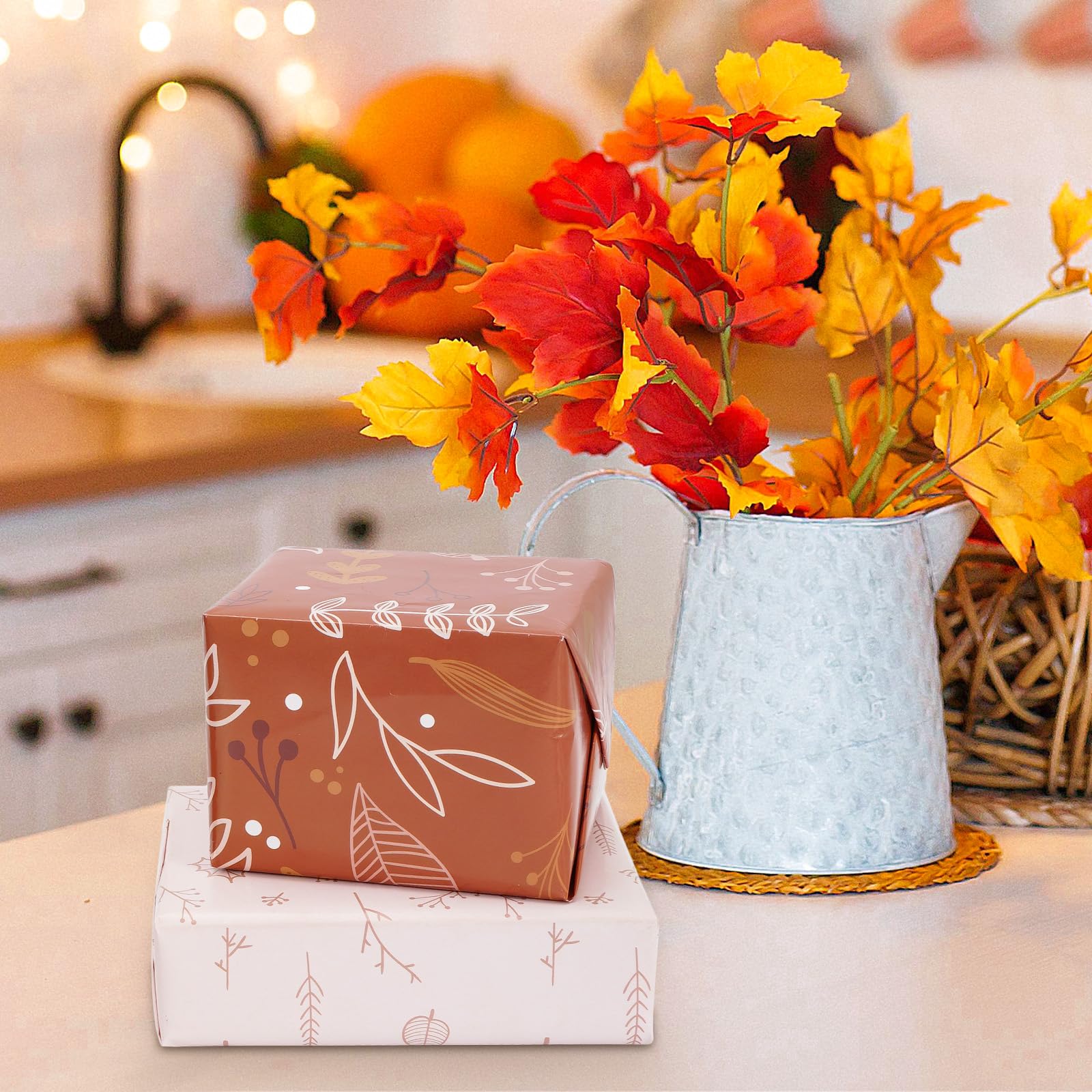 Whaline 12 Sheet Boho Fall Wrapping Paper 6 Style Maple leaf Stripes Pattern Packaging Paper Folded Flat DIY Art Craft Paper for Autumn Holiday Birthday Wedding Baby Shower, 19.7 x 27.6 Inch