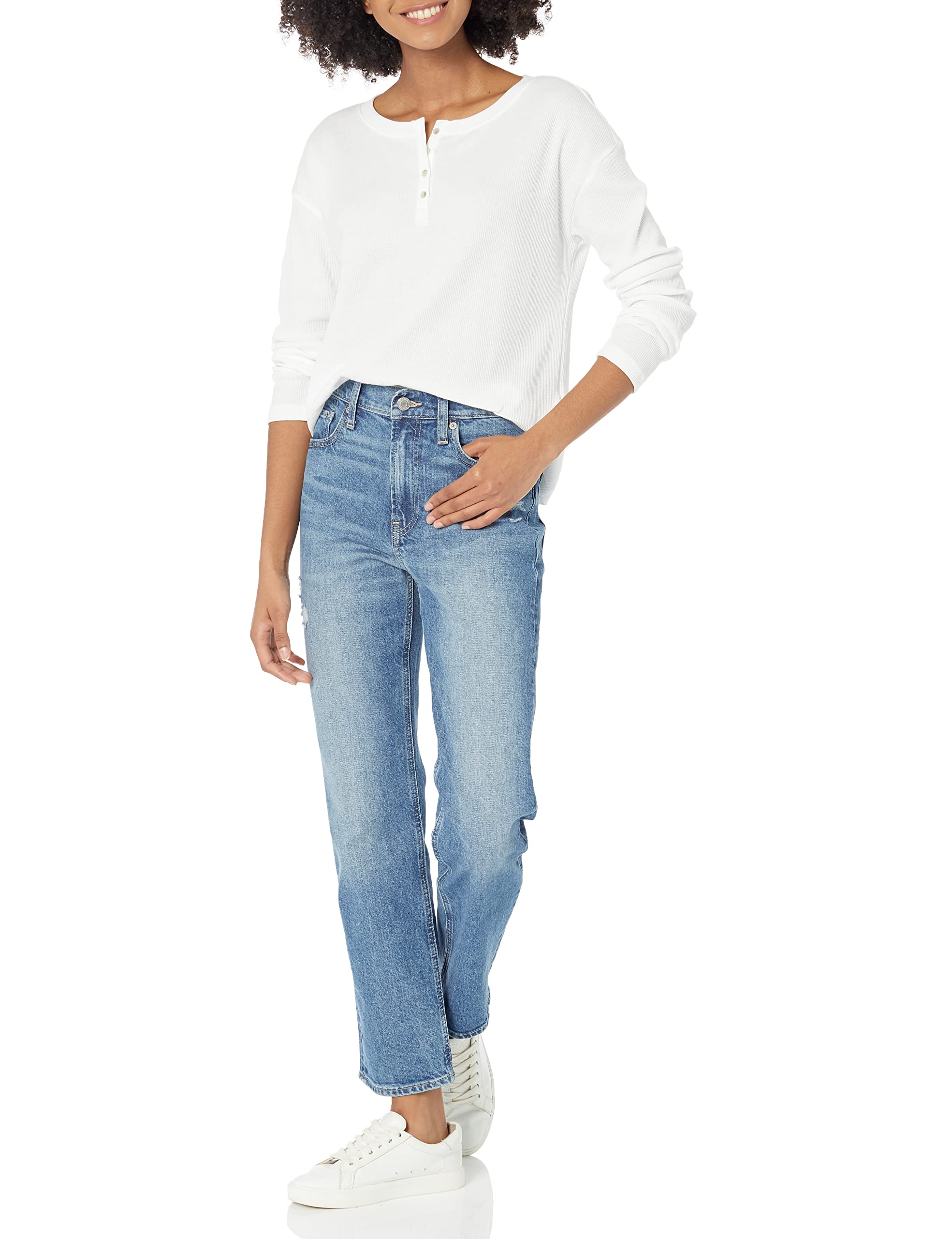 GAP Womens Long Sleeve Waffle Henley White V2 Global XXL