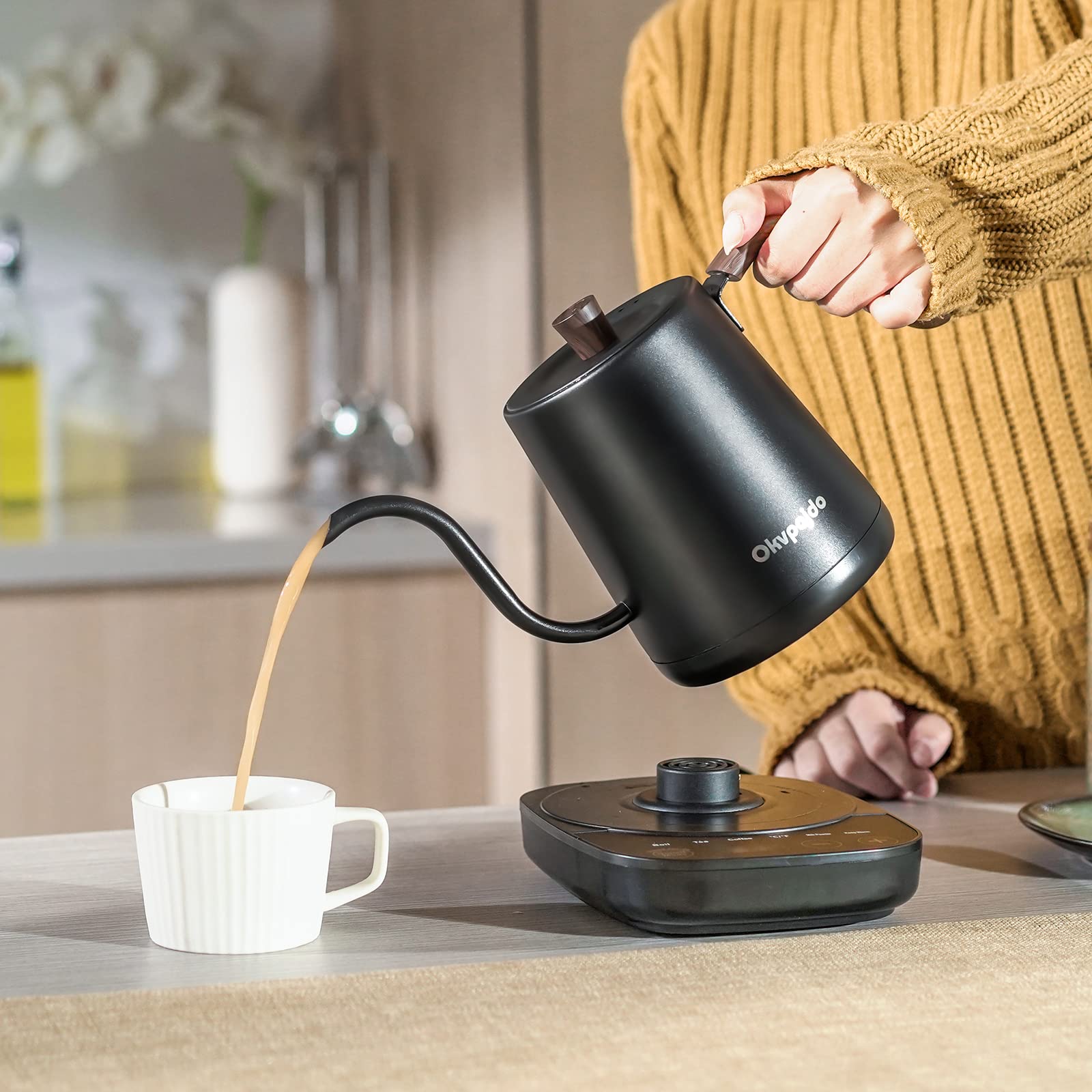 Electric Gooseneck Kettle - Pour-Over Coffee and Tea Kettle with LCD Display Automatic Shut Off - 100% Stainless Steel Kettle Water Boiler - Quick Heating Electric Kettles 0.8L - Matte Black