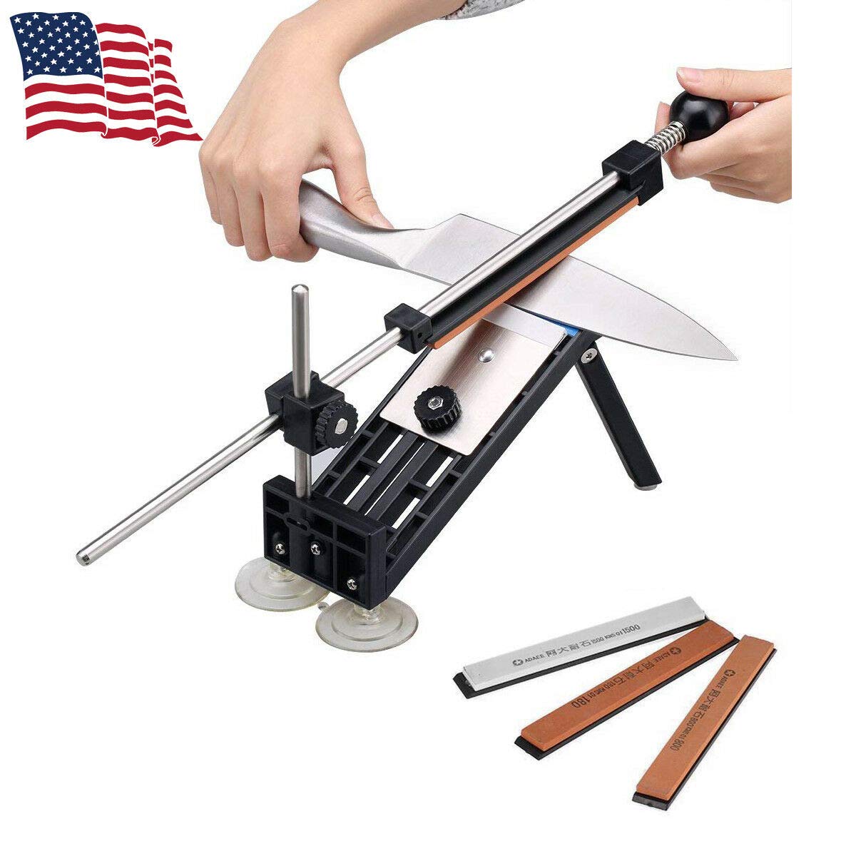 Dj siphraya Knife Sharpener Kitchen Sharpening System Fix Angle With 4 Stones Black Made Of Stainless steel Size 44 x 9 x 7 CM Designed For Total Durability Knives Razor Sharp